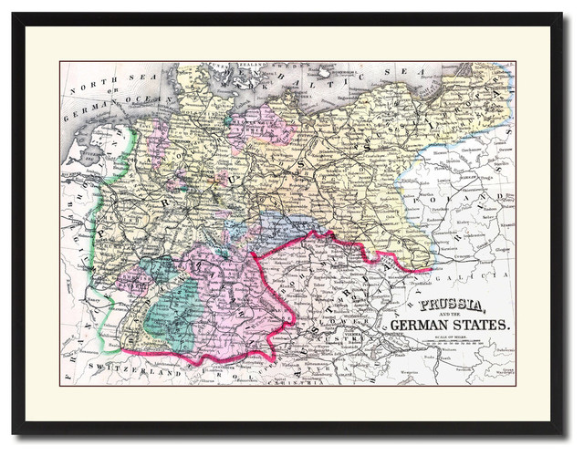 Prussia, Germany Vintage Map Print On Canvas With Picture Frame 16" X ...
