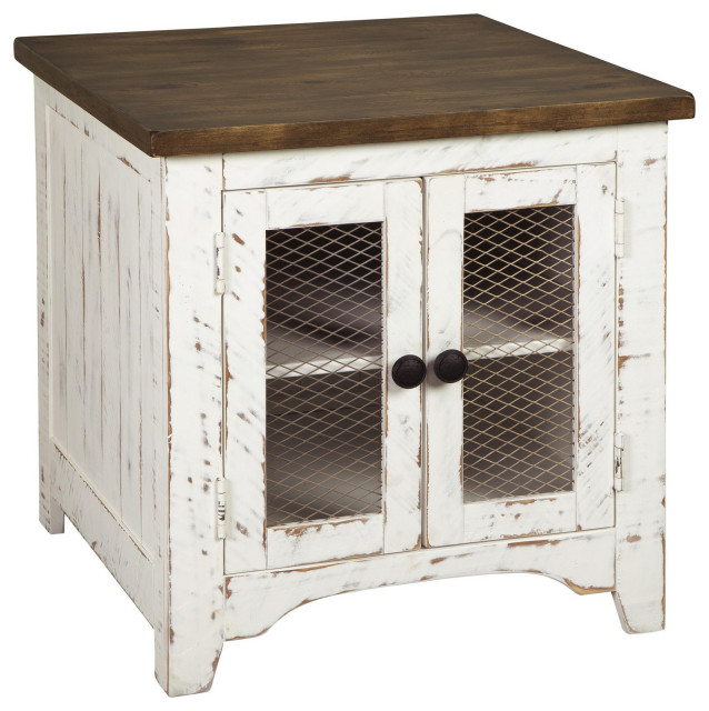 Benzara BM213349 Two Tone Wood End Table with Metal Grill Cabinet ...