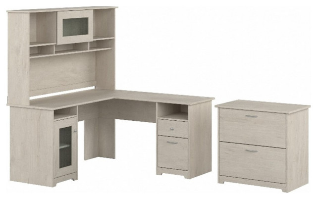 Pemberly Row Engineered Wood L Desk w/ Hutch & File Cabinet in Linen ...