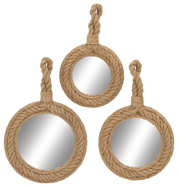 Coastal Brown Jute Rope Wall Mirror Set 68575, S/3 17", 19", 20"H ...
