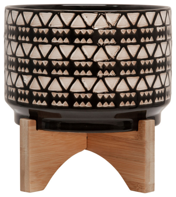 7" Abstract Planter With Wooden Stand, Black - Scandinavian - Indoor ...