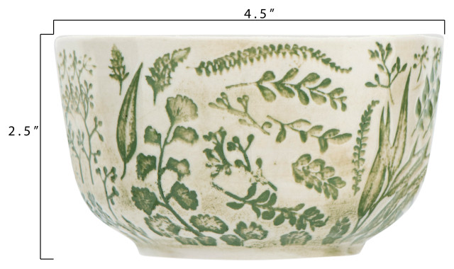 White Stoneware Bowl with Hand-Stamped & Embossed Green Pattern (Set of ...