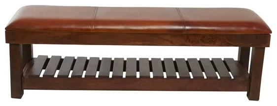 Rustic Brown Leather Bench with Lower Slatted Shelf for Stylish Storage ...
