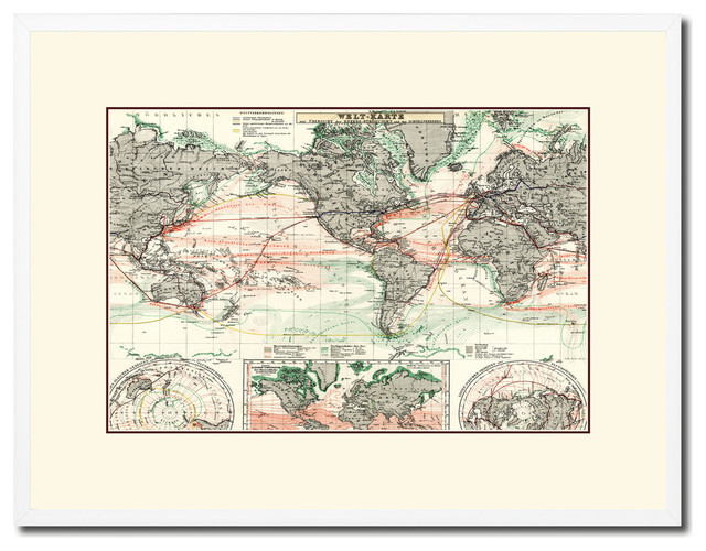 World Ocean Currents Old Map Print On Canvas With Frame Art Collection ...