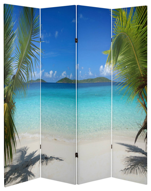 Tall 4 Panels Room Divider, Spruce Wood Frame With Unique Beach Motif ...