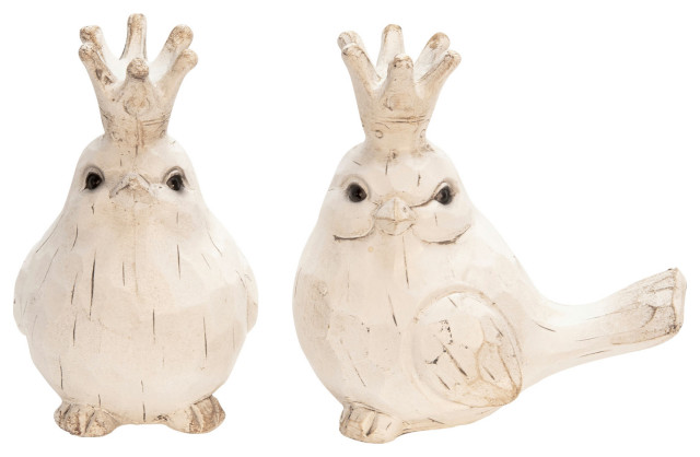 Set of 2 Resin Birds With Crowns, White - Farmhouse - Decorative ...