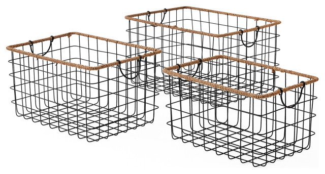 3-Piece Set Rectangular Wire Baskets With Jute Rim and Handles, Black ...