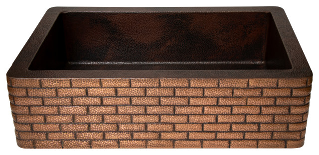 33" Farmhouse One Bowl Bricks Apron Hammered Copper Kitchen Sink, 16 ...