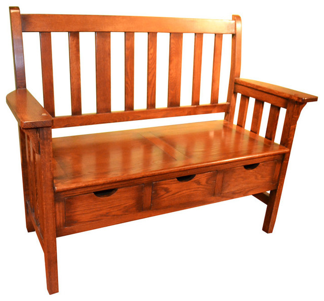 Arts and Crafts Mission Oak Bench With 3 Drawers - Craftsman - Accent ...