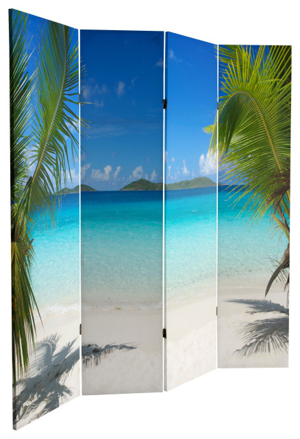 Tall 4 Panels Room Divider, Spruce Wood Frame With Unique Beach Motif ...