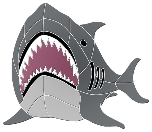 Shark Up Close Ceramic Swimming Pool Mosaic, 60"x52" - Beach Style ...