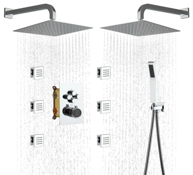 12" Dual Heads Shower System with 4 Way Thermostatic Faucet ...