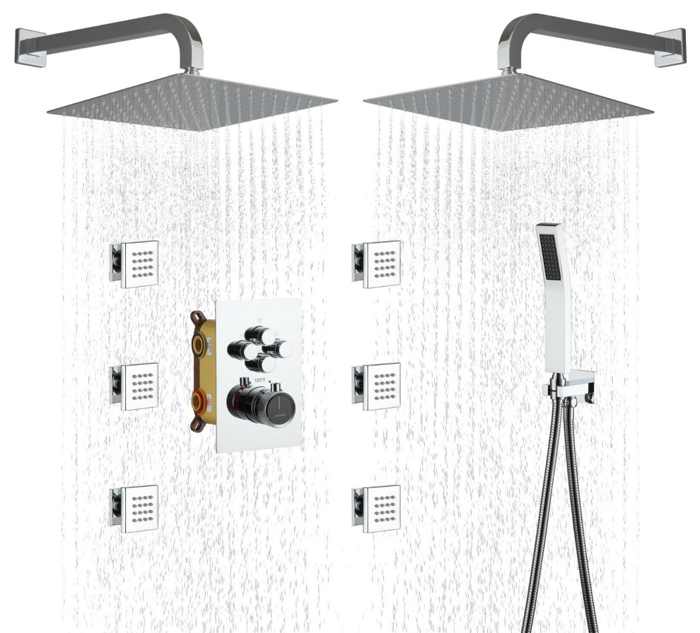 12" Dual Heads Shower System with 4 Way Thermostatic Faucet ...