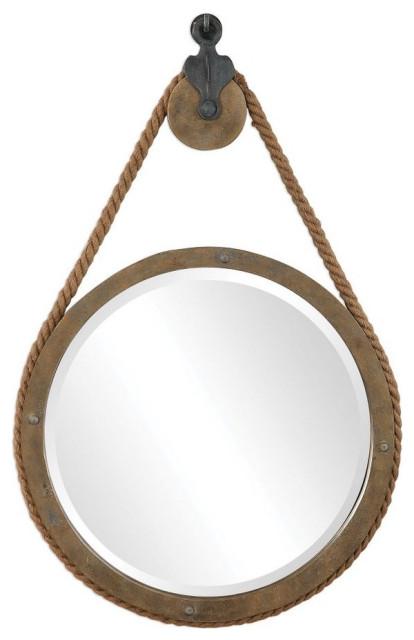 Farmhouse Rustic Round Mirror in Aged Natural Wood Antique-Inspired ...