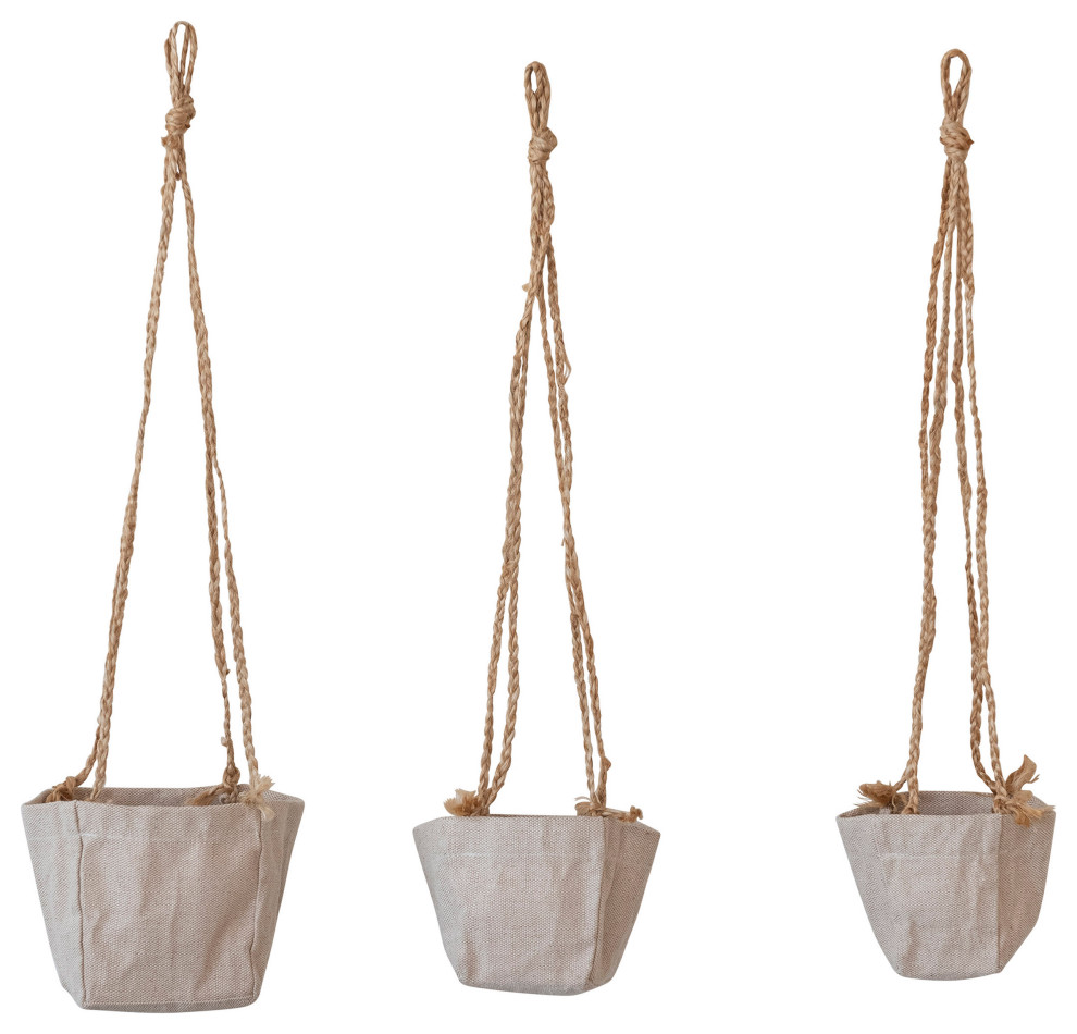 Round Jute and Cotton Hanging Planters, Natural, Set of 3 - Beach Style ...
