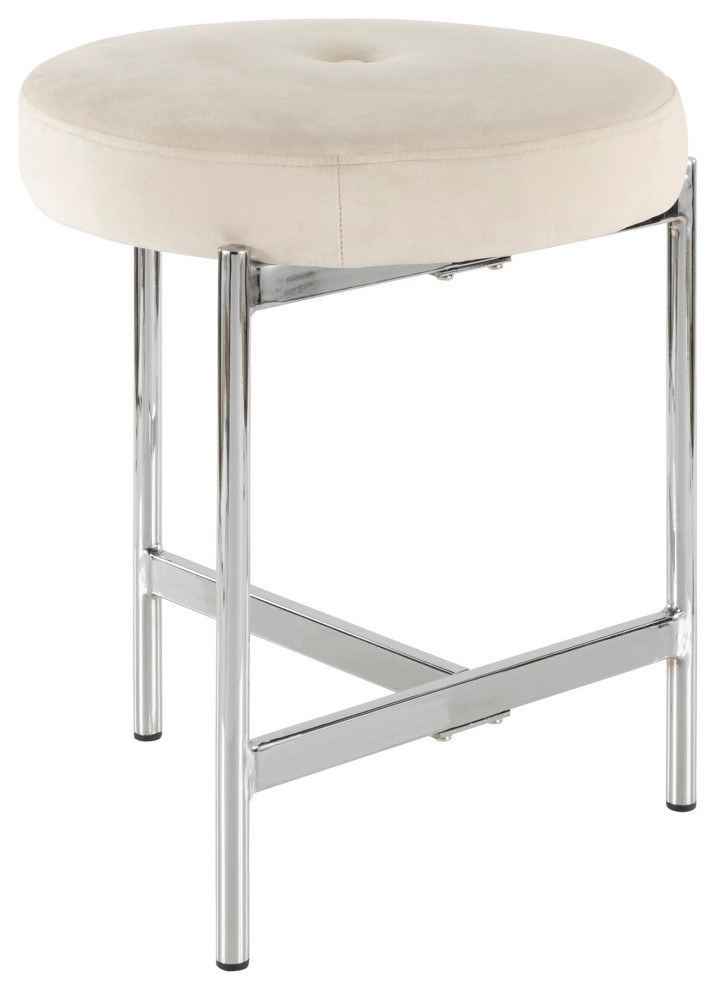 Chloe Contemporary Vanity Stool, Chrome and White Velvet, 17"L 17"W 18 ...