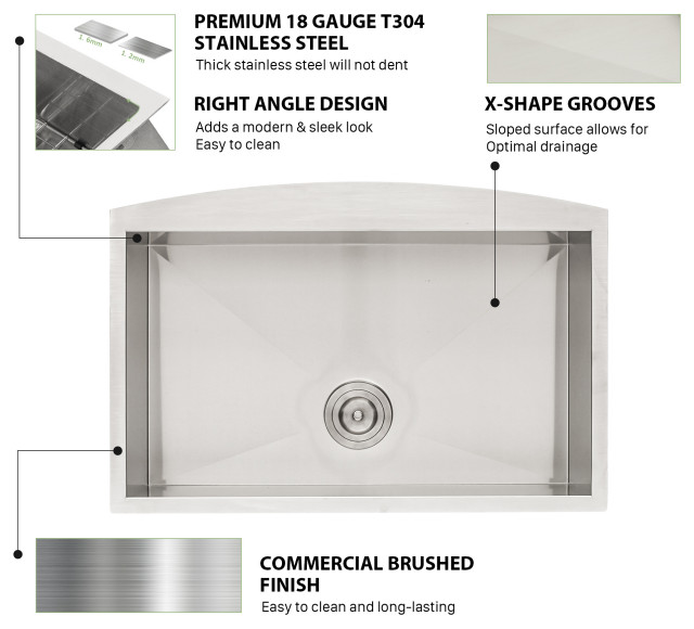 33" Farmhouse Kitchen Sink 18 Gauge Stainless Steel Single-Bowl Kitchen ...