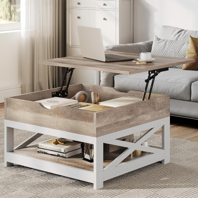 Farmhouse Coffee Table, Lift Up Top With Open Compartment, Gray Wash ...