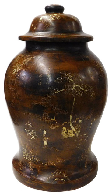 Chinese Distressed Brown Lacquer Golden Scenery Fat Jar - Asian ...