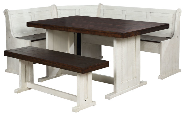 Sunny Dining Nook Table Set, Distressed Cream/Brown Wood - Farmhouse ...