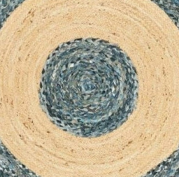 Handmade Bohemian Round Rug, Blue Cotton and Natural Jute with Fringe ...