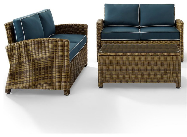 Crosley Bradenton 3 Piece Patio Sofa Set in Brown and Navy - Tropical ...
