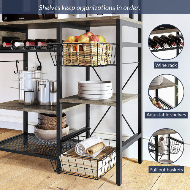 Bakers Rack w/ Power Strip, Storage Shelves, Standing Kitchen Organizer ...