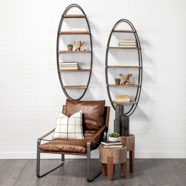 Metort Brown Wood and Black Metal Oval Wall Shelving Unit - Industrial ...