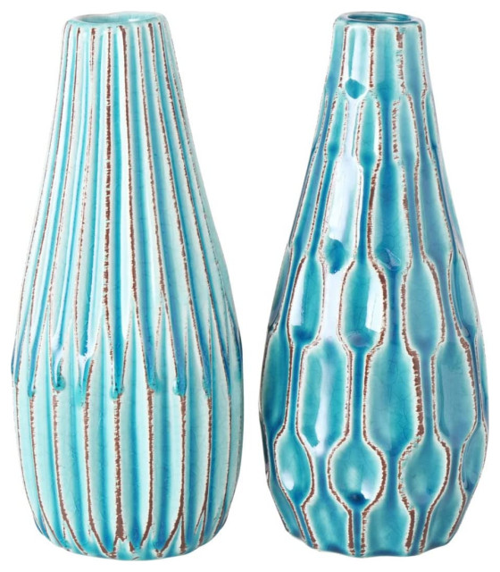 Turquoise Blue Crackled Glazed Vases, Set of 2 - Farmhouse - Vases - by ...