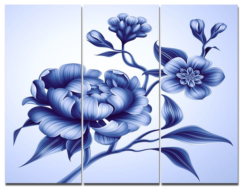 Blue Peony Rose and Sakura Flowers, Floral Triptych Canvas Art, 36x28, 3 Panels, 36"x28 ...