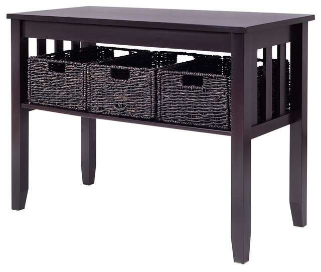 Wooden Rectangular Side Storage Table With 3 Storage Baskets - Tropical ...