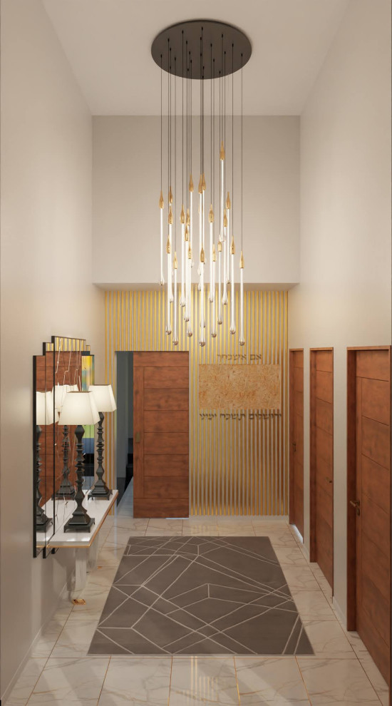 Small closed foyer with high ceiling (two story, 17ft) lighting & more