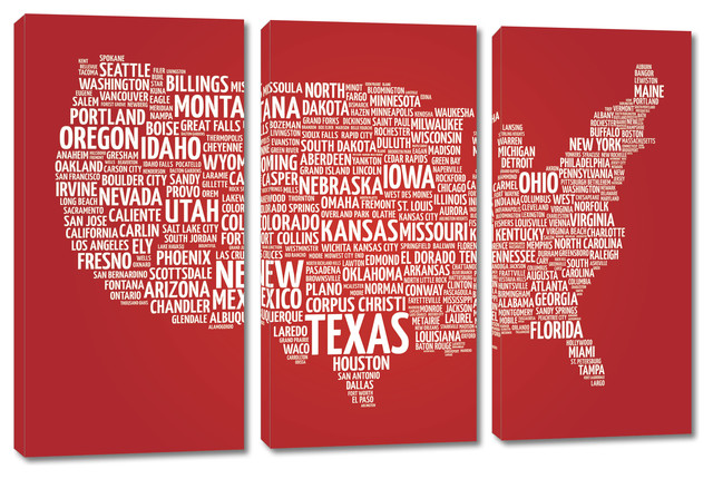 Red USA Text Map Canvas Print, 3 Panel Split, Triptych Wall Art, 24x16 ...