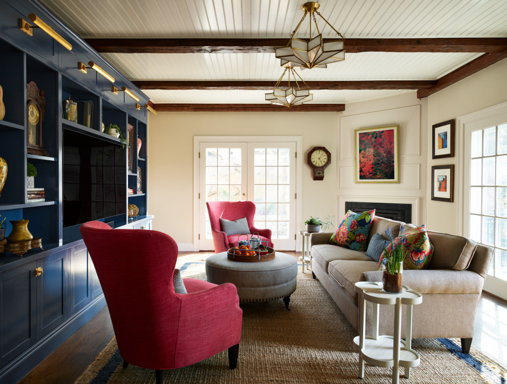 Cozy Colonial Family Room with Navy Built-in and a Symphony of Color ...