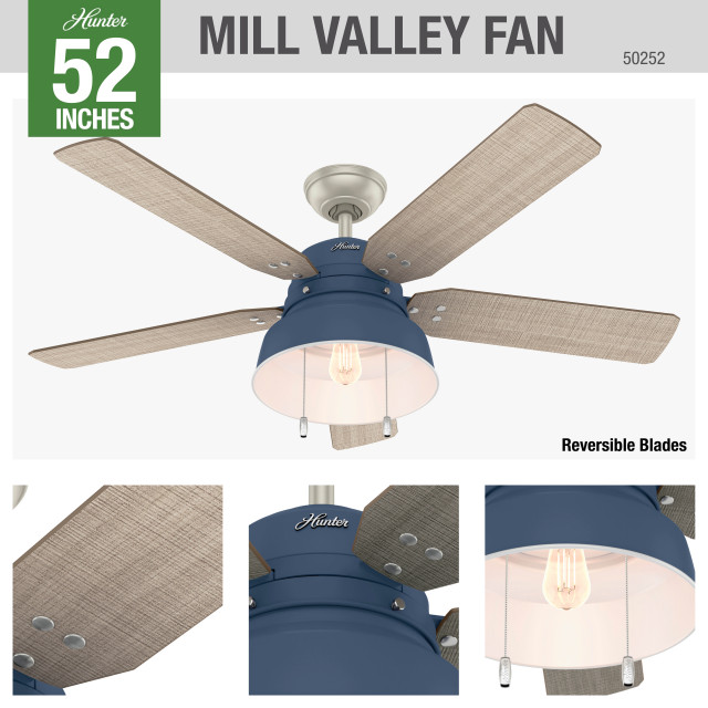 Hunter 52" Mill Valley Indigo Blue Ceiling Fan, LED Light and Pull ...