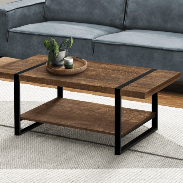 47" Brown And Black Rectangular Coffee Table With Shelf - Industrial ...