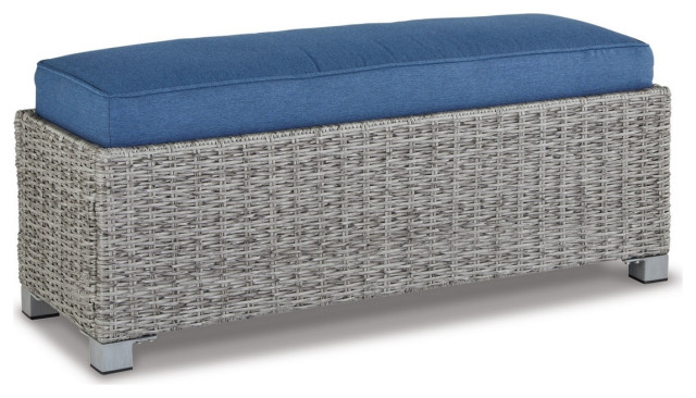 50 Inch Bench Gray All Weather Resin Wicker Frame Blue Polyester Fabric ...