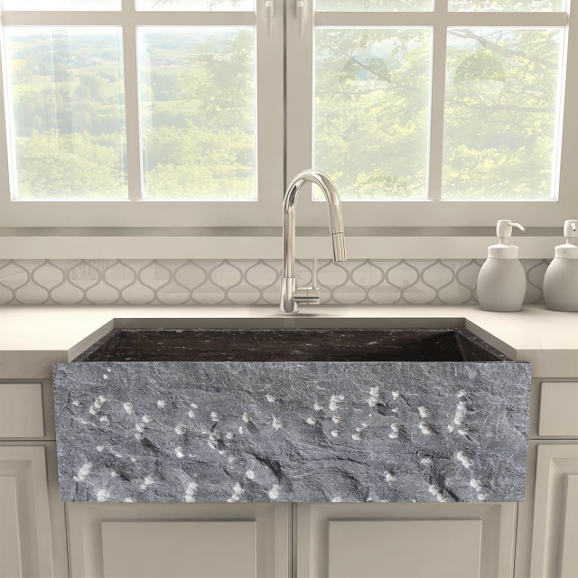 33" Farmhouse Black Kitchen Sink Natural Stone Single Large Sink with ...
