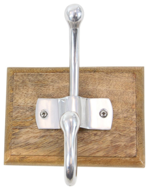 Transitional Rectangular Aluminum and Mango Wood Wall Hook, 1-hook, 1 ...