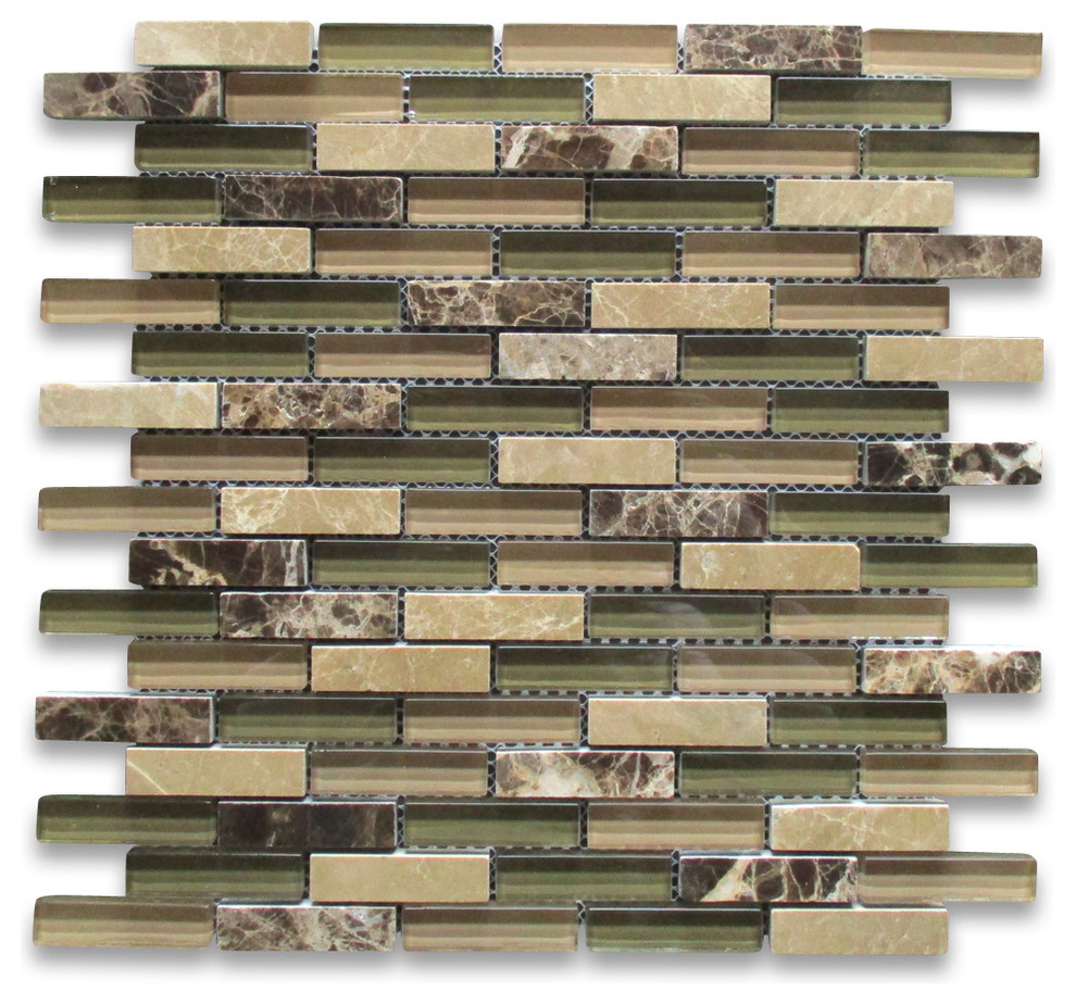 Glass Mosaic Tile Green Brown Glass Emperador Dark Marble Backsplash, 1 ...