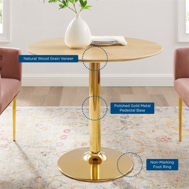 Modway Verne 35" Round Modern Wood & Metal Dining Table in Natural/Gold ...