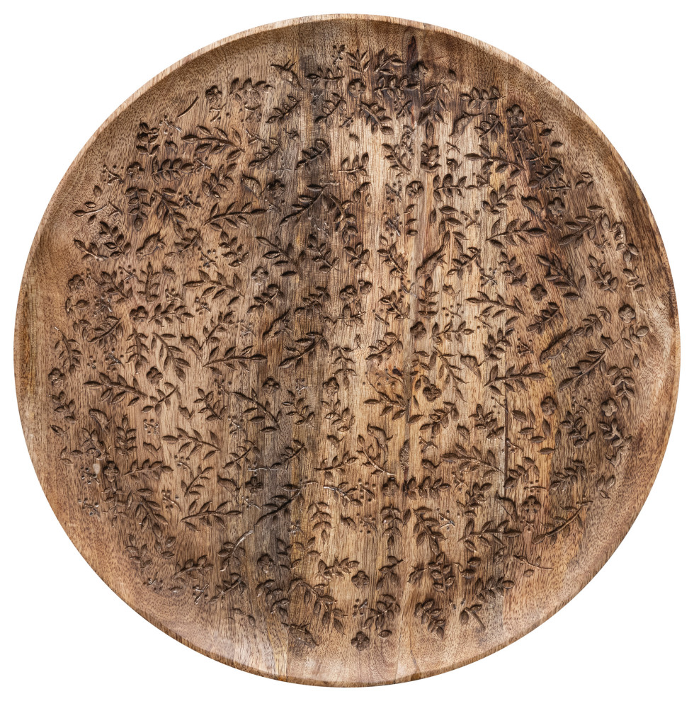 15.5 Inches Round Mango Wood Tray With Laser Etched Botanicals, Natural ...