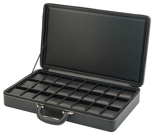 24 Slot Watch Briefcase, Black Carbon Fiber Zippered Travel Storage ...