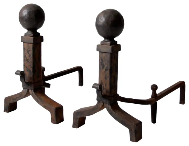 Consigned, Antique Wrought Iron Andirons Pair - Eclectic - Fireplace ...