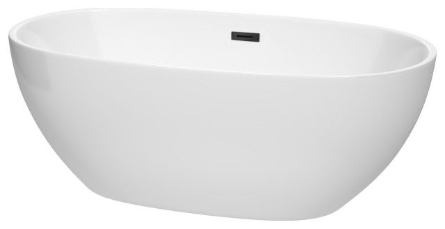 Juno 63" Freestanding Bathtub, White, Matte Black Drain, Overflow Trim ...