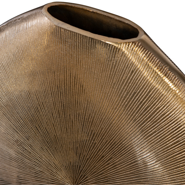 Luxe Large Flat Ribbed Disk Gold Silver Vase, Mid Century Modern Round ...