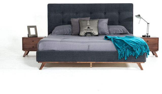 Onyx Mid-Century Modern Gray Fabric and Walnut Bed, King - Midcentury - Platform Beds - by ...