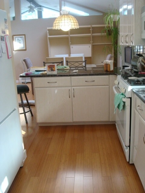 Pendant lights over a kitchen peninsula
