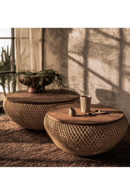 Round Interlaced Rattan Coffee Table, Bodhi Wave, Small - Tropical ...