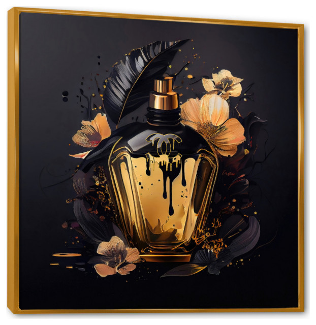 Chic Black And Gold Perfume Bottle IX Framed Canvas, 16x16 ...